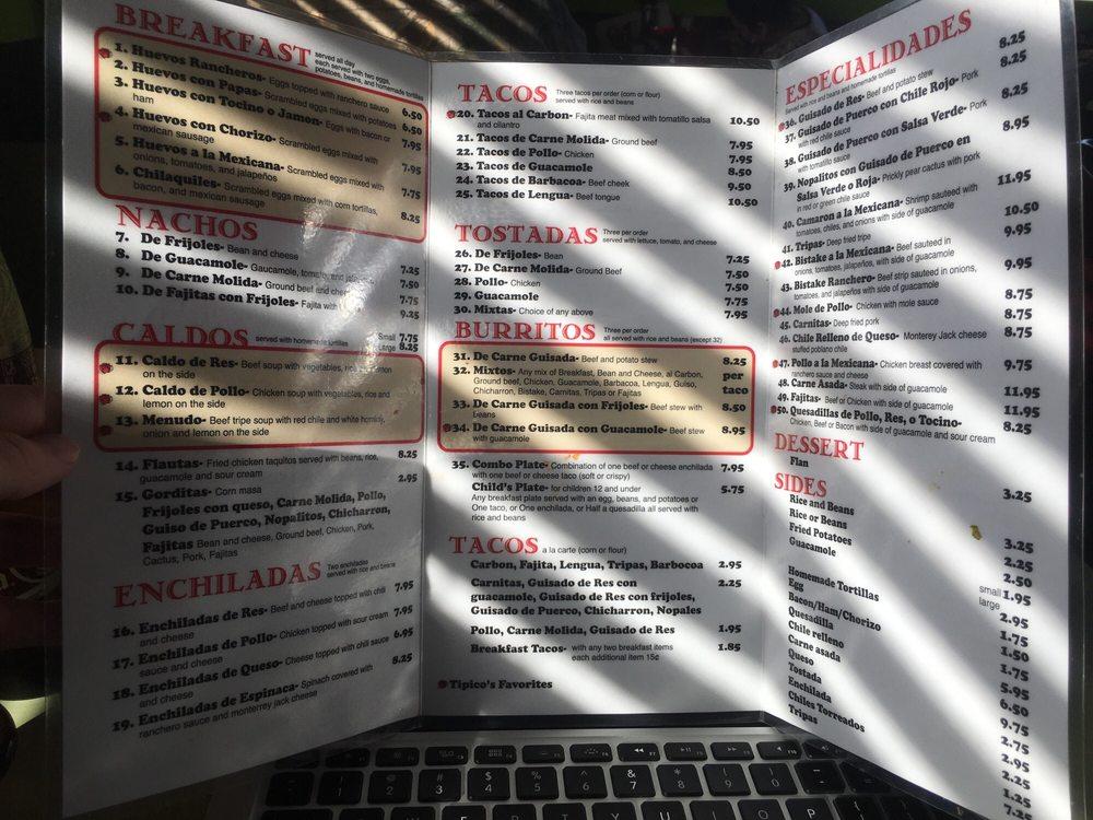 Menu at Tipico's restaurant, Dallas
