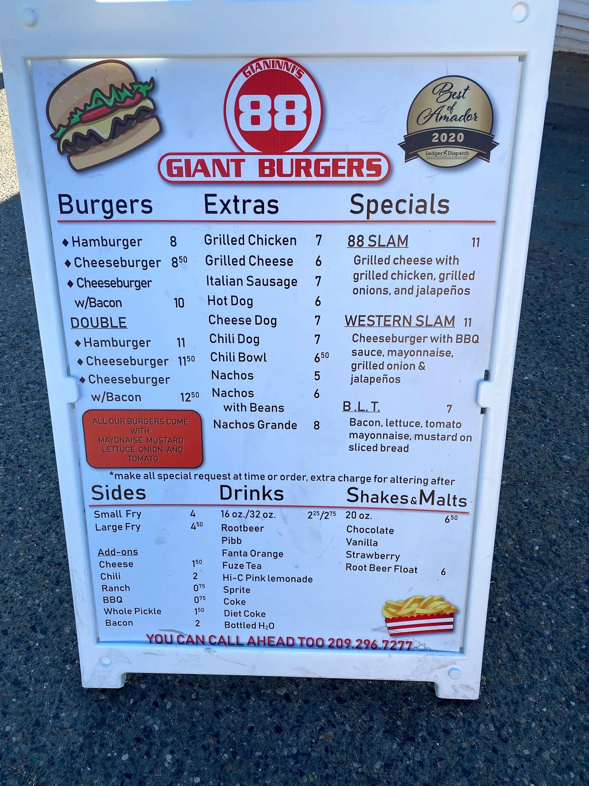 Menu at 88 Giant Burgers To Go fast food, Pine Grove, CA-88