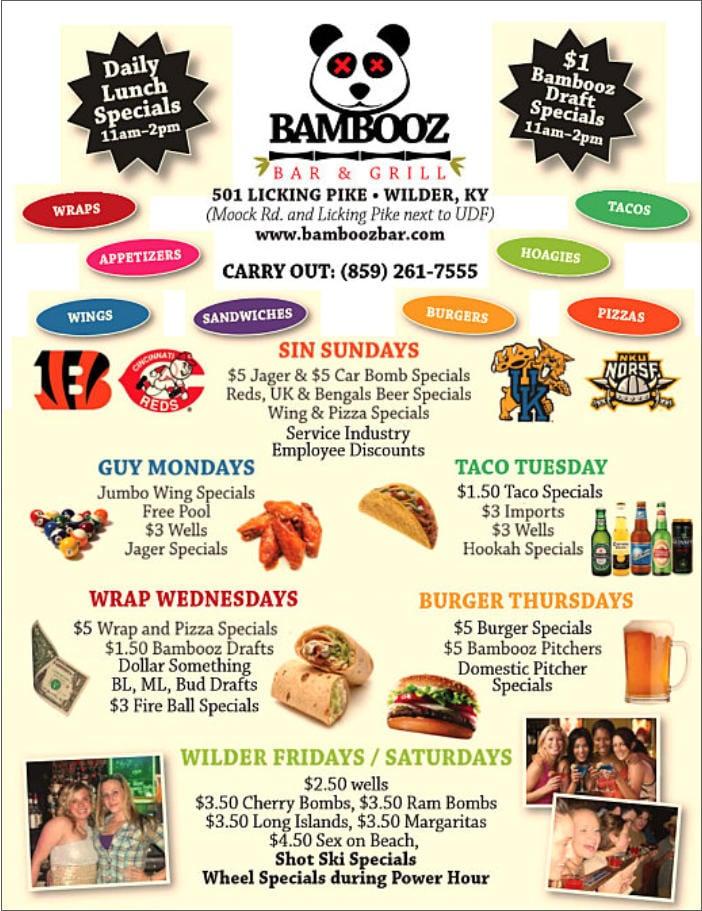 Menu at Bambooz Bar & Grill, Wilder