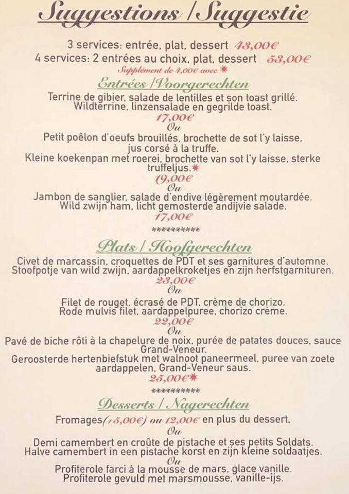 Menu at Chez Marie, Durbuy
