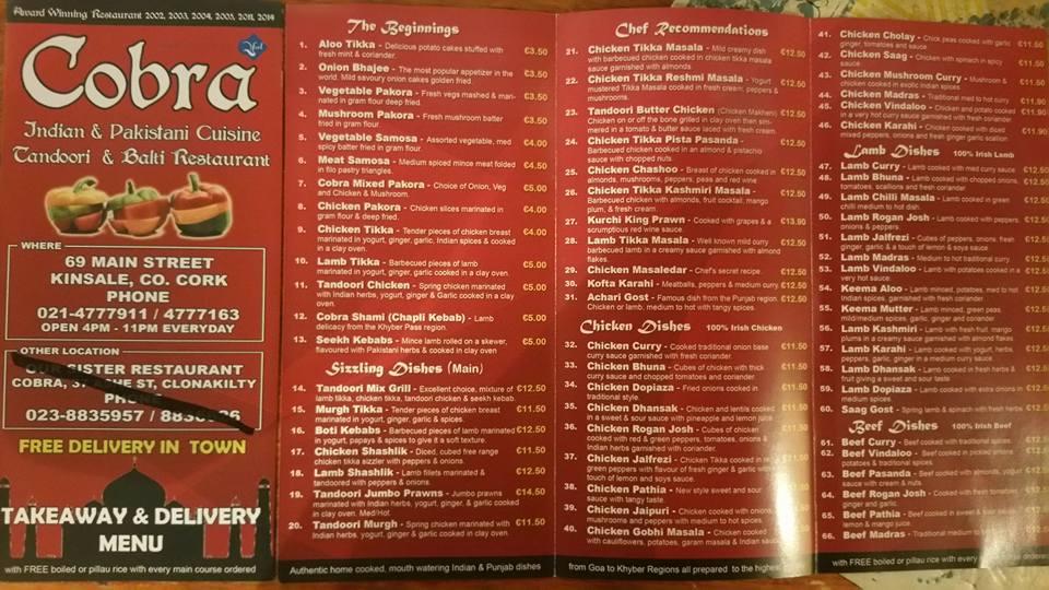 Menu at Cobra Tandoori restaurant, Kinsale