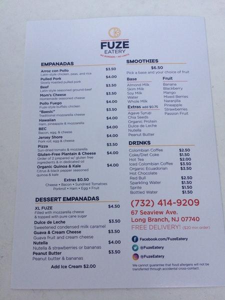 Menu at Fuze Eatery: Empanada House & Smoothie Bar, Eatontown, 180 NJ-35
