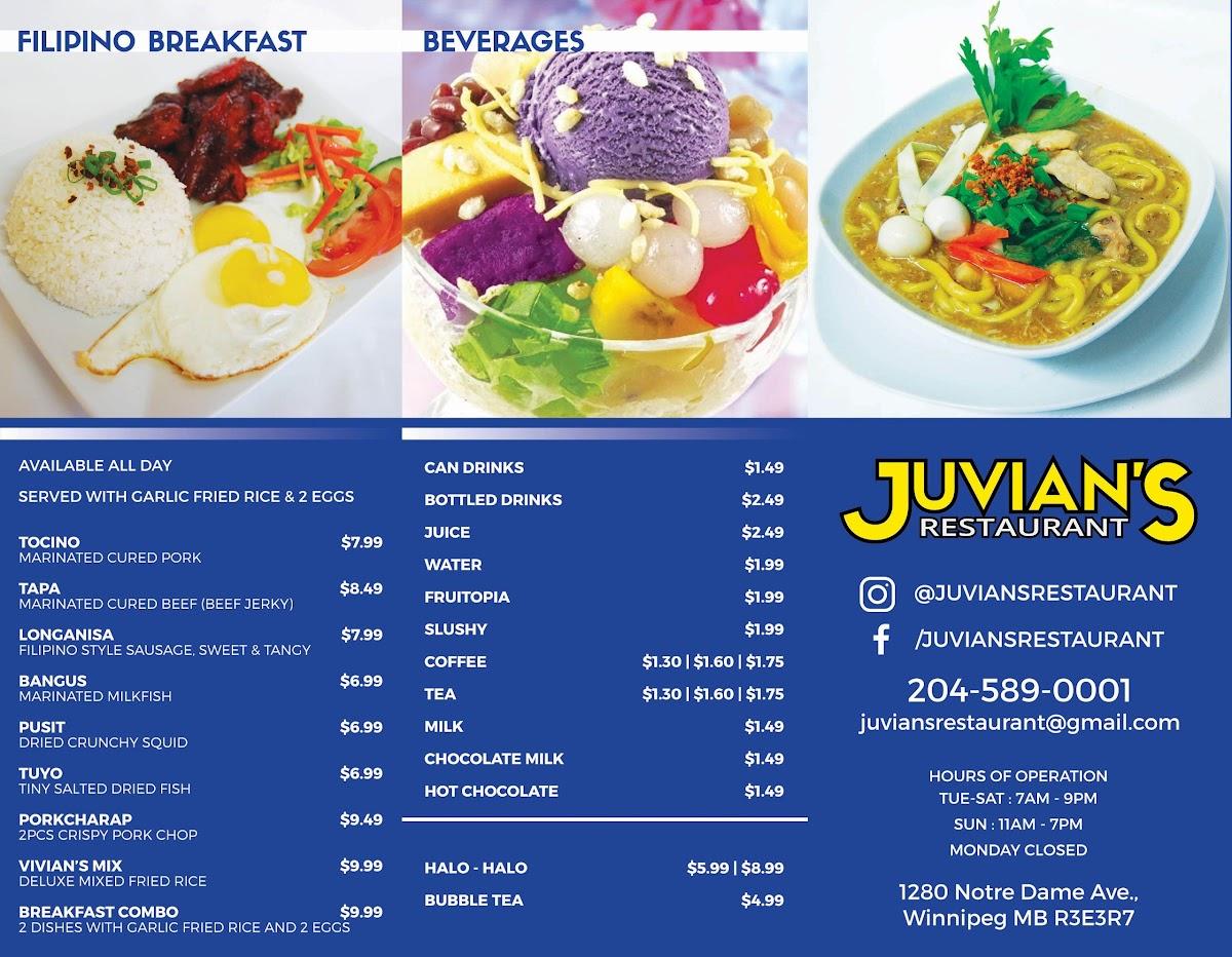 Menu at Juvian's Restaurant, Winnipeg, Notre Dame Ave