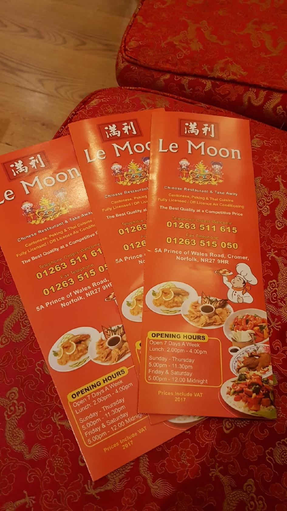 Menu at Le Moon restaurant, Cromer