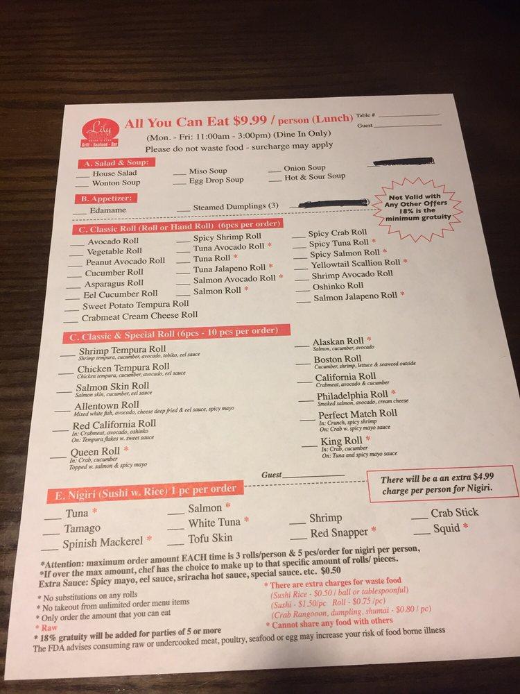 Menu at Lily Sushi Grill restaurant, Allentown