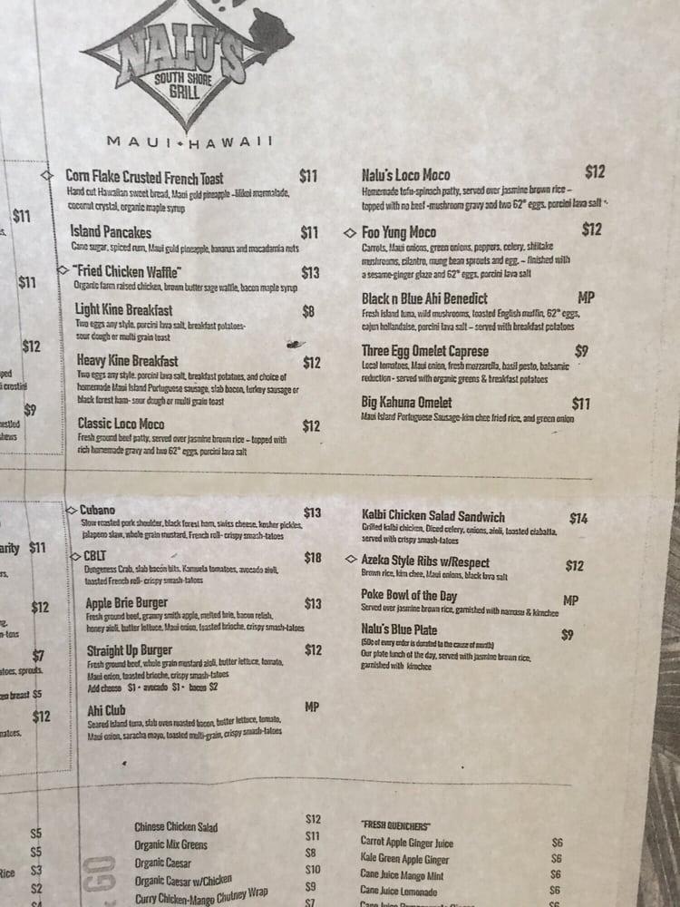 Menu at Nalu's South Shore Grill pub & bar, Kihei