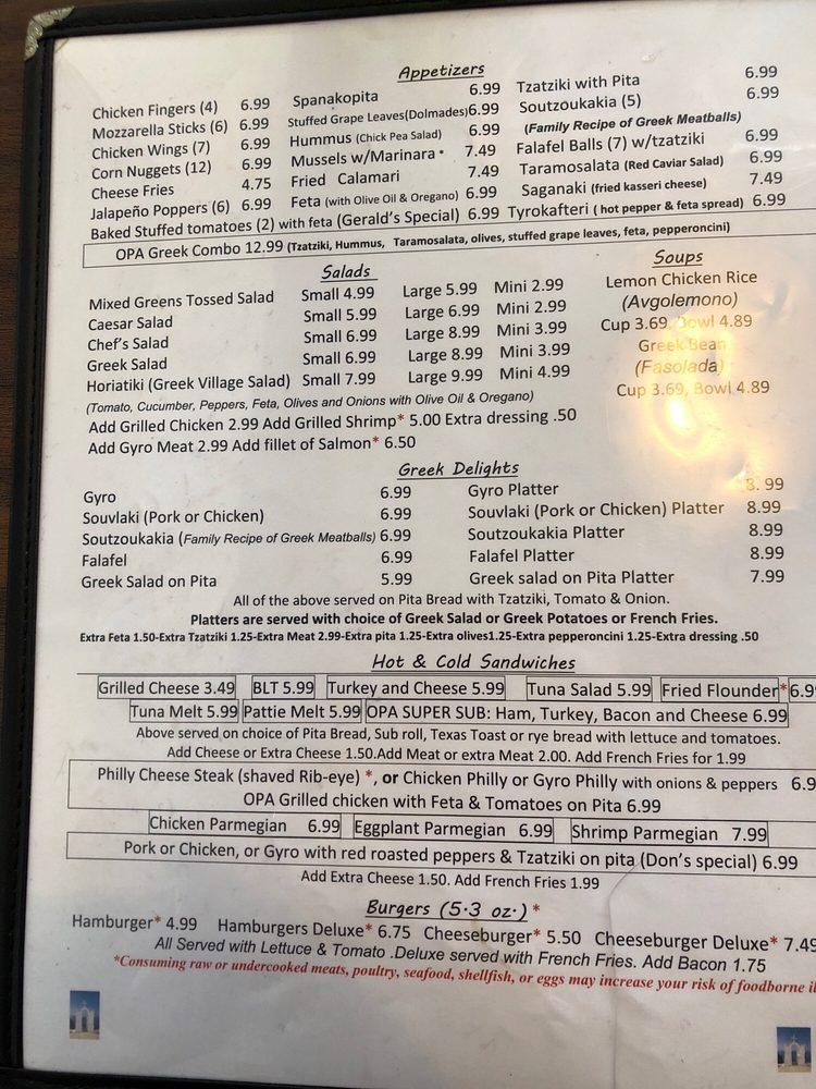 Menu at OPA CAFE, Summerville