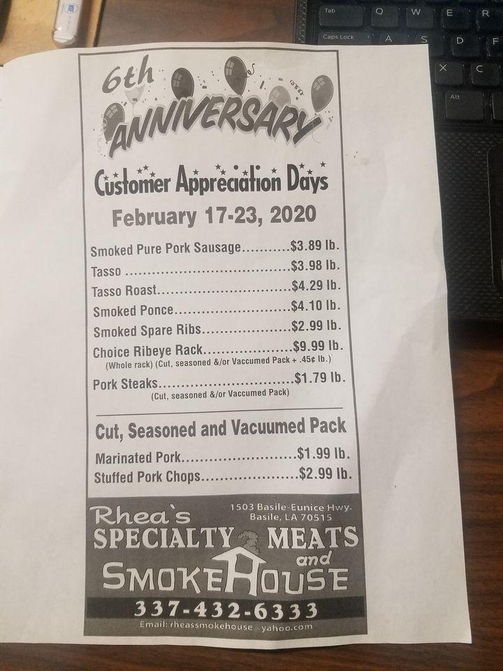 Menu at Rhea's Specialty Meat BBQ, Basile