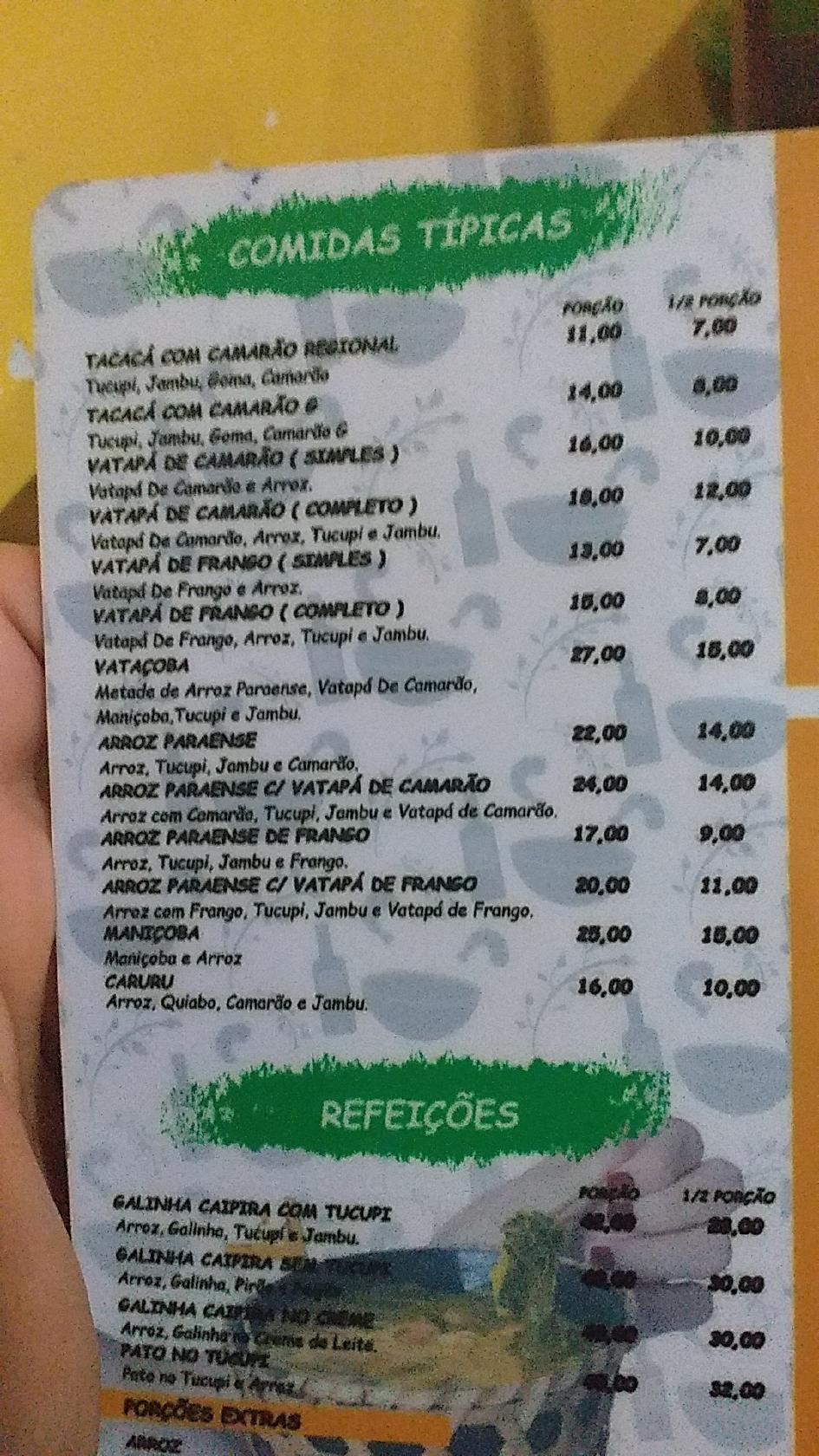 Menu at Tacacá da Moça restaurant, Altamira