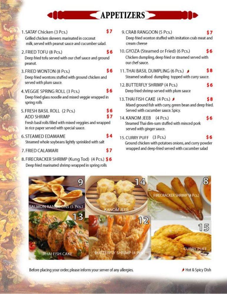 Menu at Thai Basil restaurant, Black Mountain
