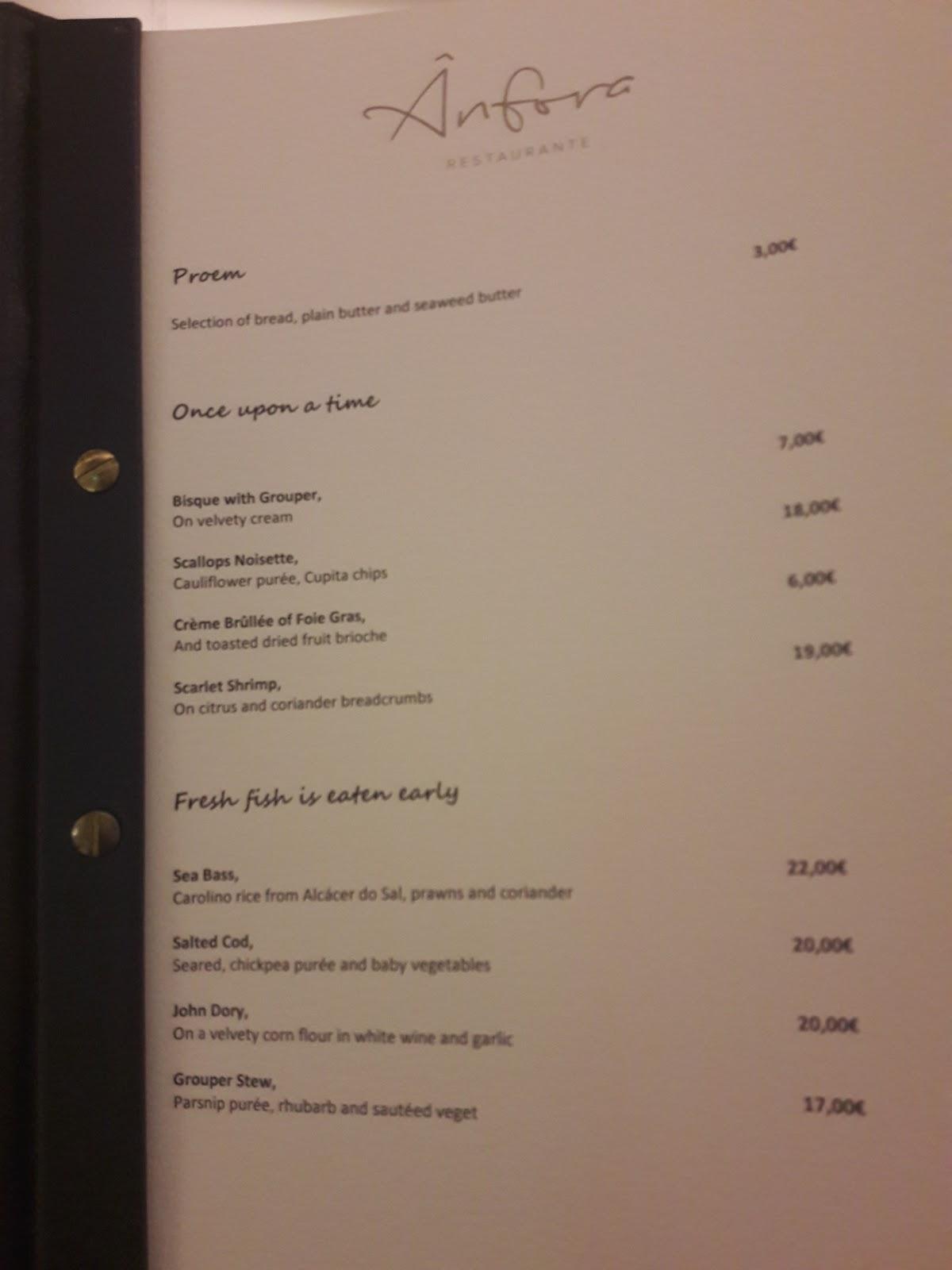 Menu em Ânfora restaurante, Lisboa