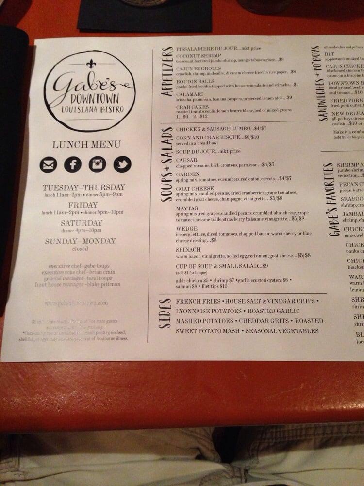 Menu at Gabe's Downtown restaurant, Villa Rica