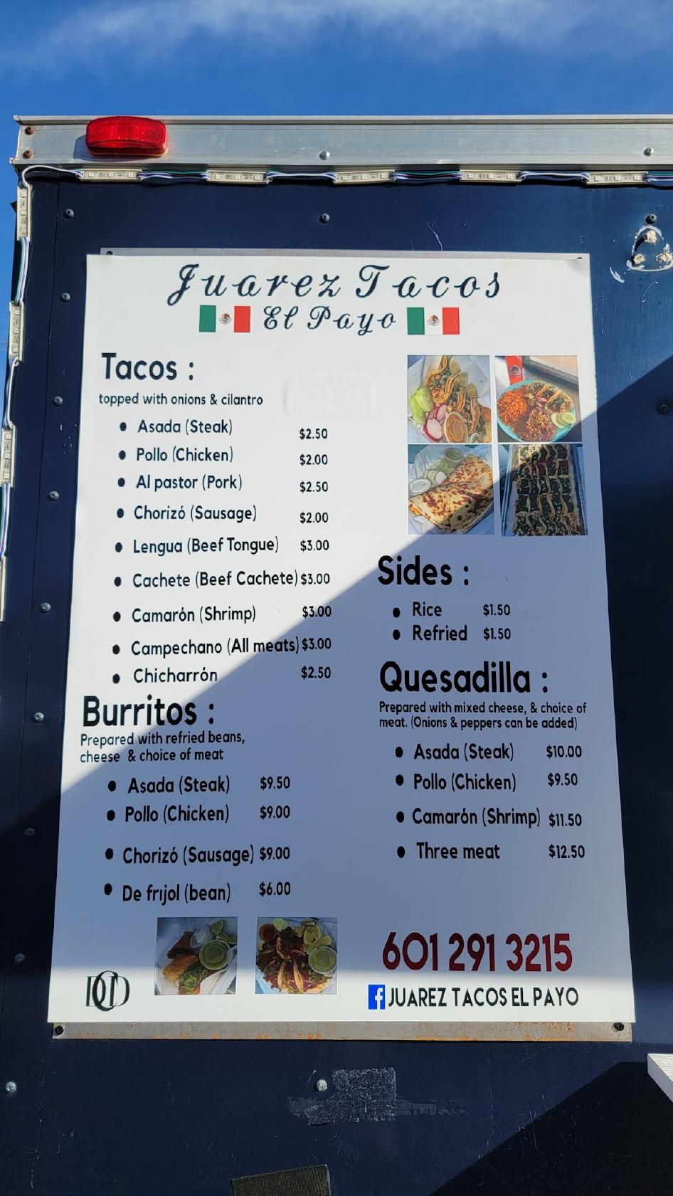 Menu at Juarez Tacos restaurant, Ridgeland, Old Canton Rd