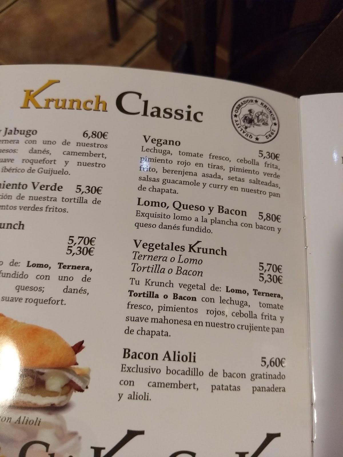 Carta del restaurante Krunch, Basauri