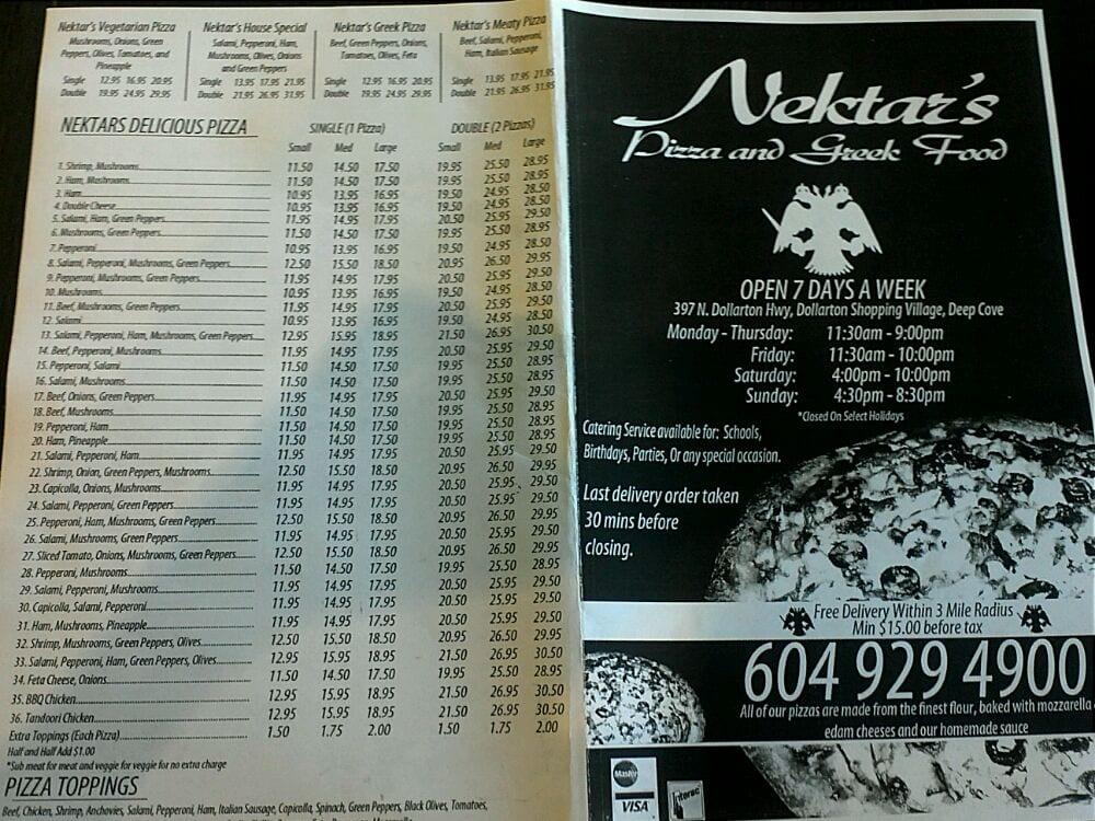 Menu at Nektar's Pizza & Greek Food pizzeria, Canada