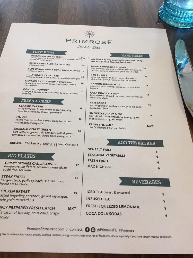 Menu at Primrose Restaurant, Destin