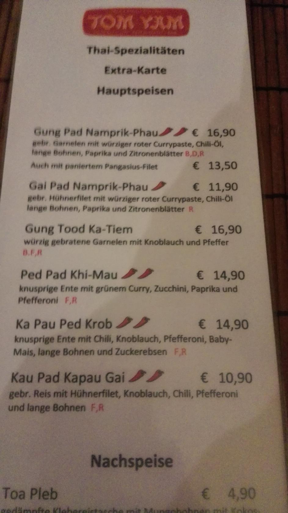 Menu at Tom Yam Restaurant, Linz
