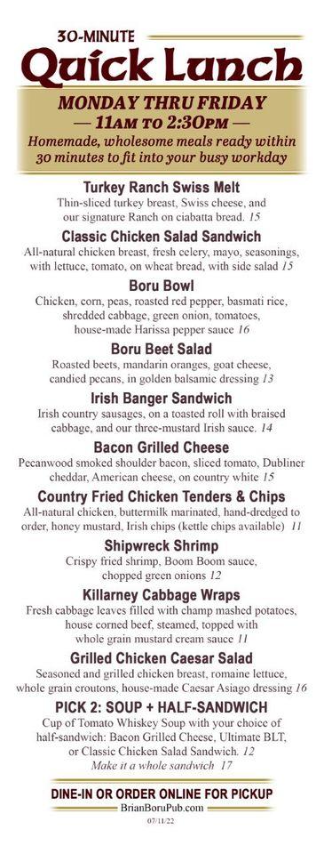 Menu at Brian Boru Restaurant and Pub, Severna Park