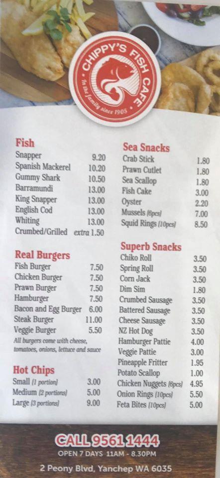 Menu at Chippy's Fish Cafe, Yanchep