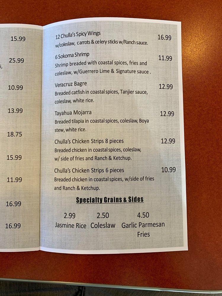 Menu at Chulla's Cafe, North Highlands