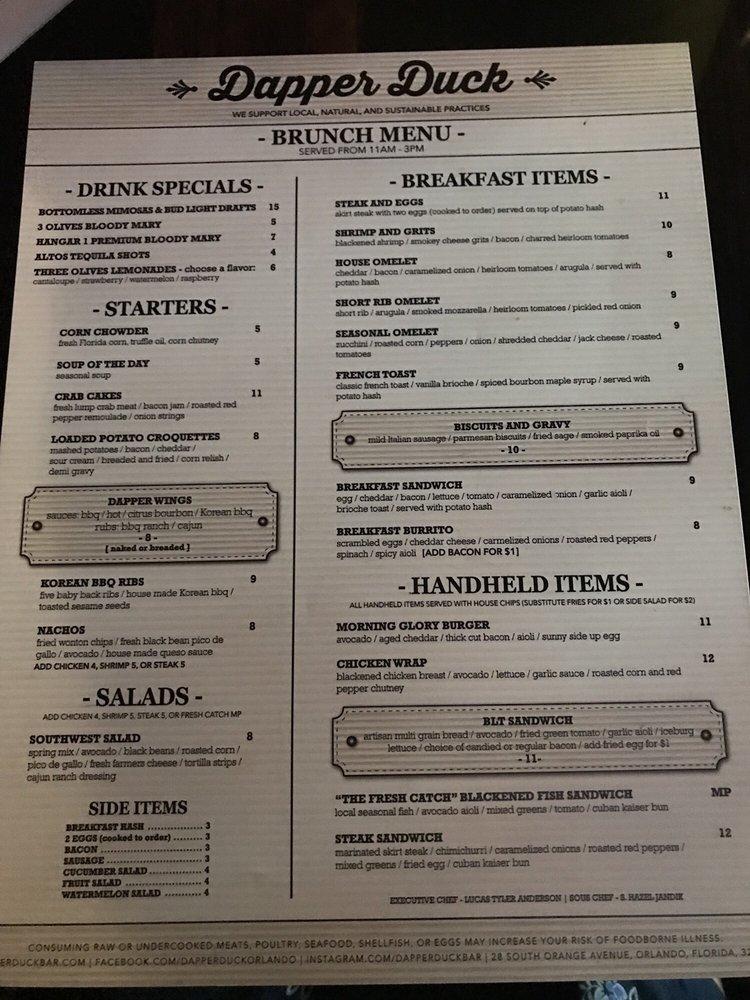 Menu at Dapper Duck Bar, Orlando