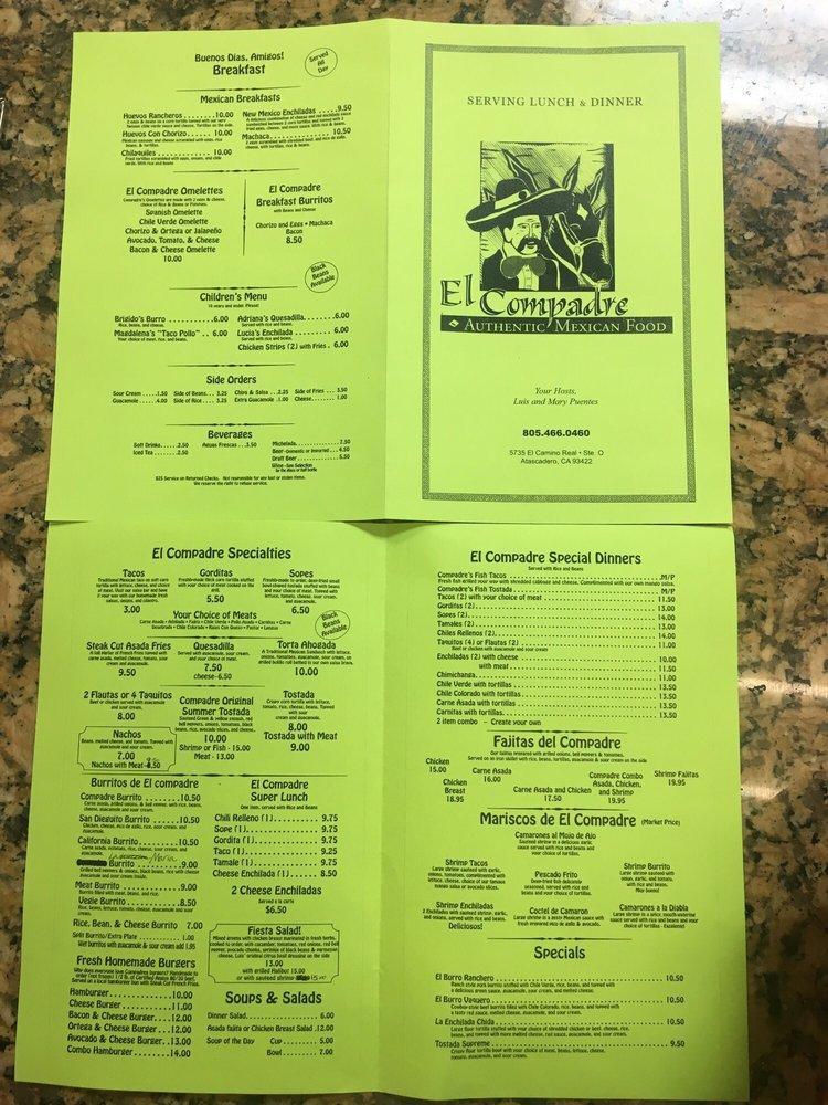 Menu at El Compadre restaurant, Atascadero