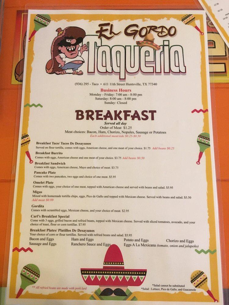 Menu at El Gordo Taqueria restaurant, Huntsville