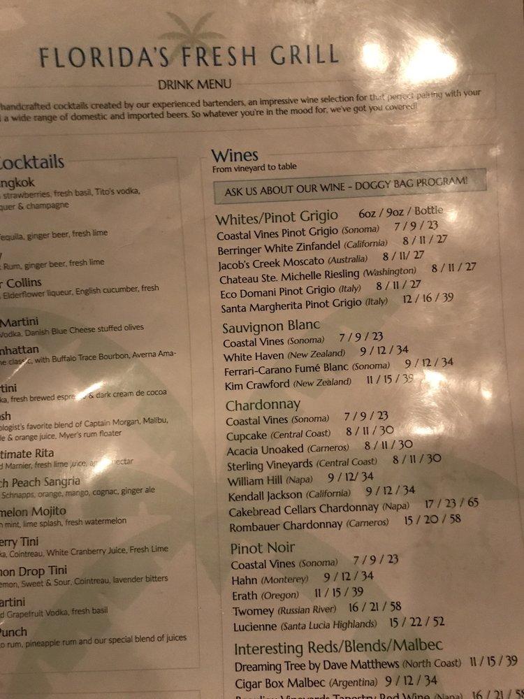 Menu at Florida's Fresh Grill pub & bar, Cocoa Beach
