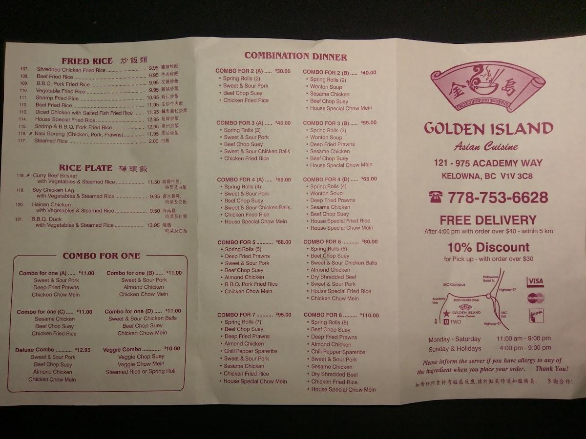Menu at Golden Island Asian Cuisine restaurant, Kelowna
