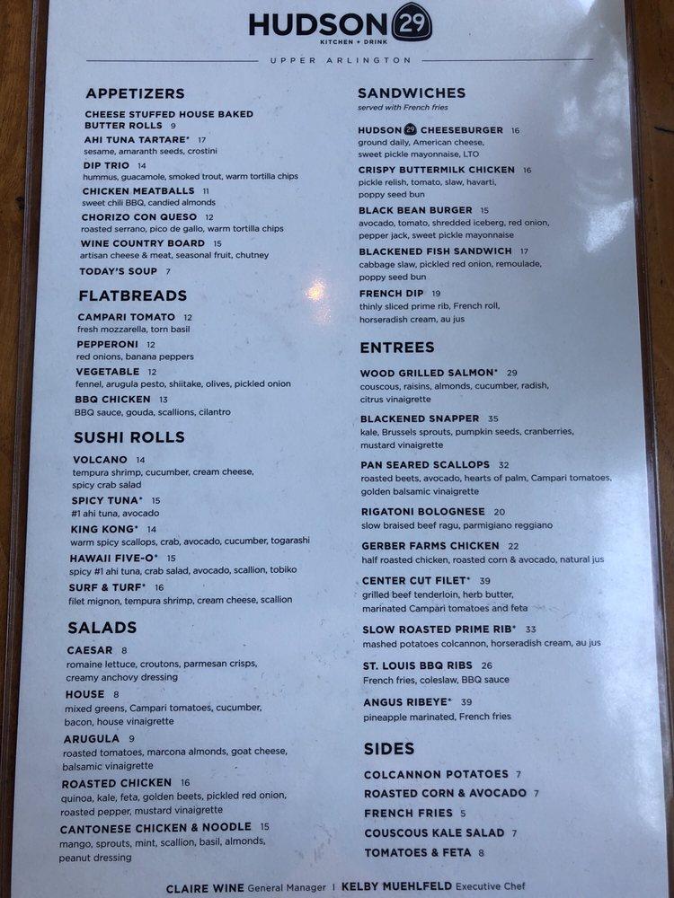 Menu at Hudson 29 Kitchen + Drink restaurant, Upper Arlington, W Lane Ave