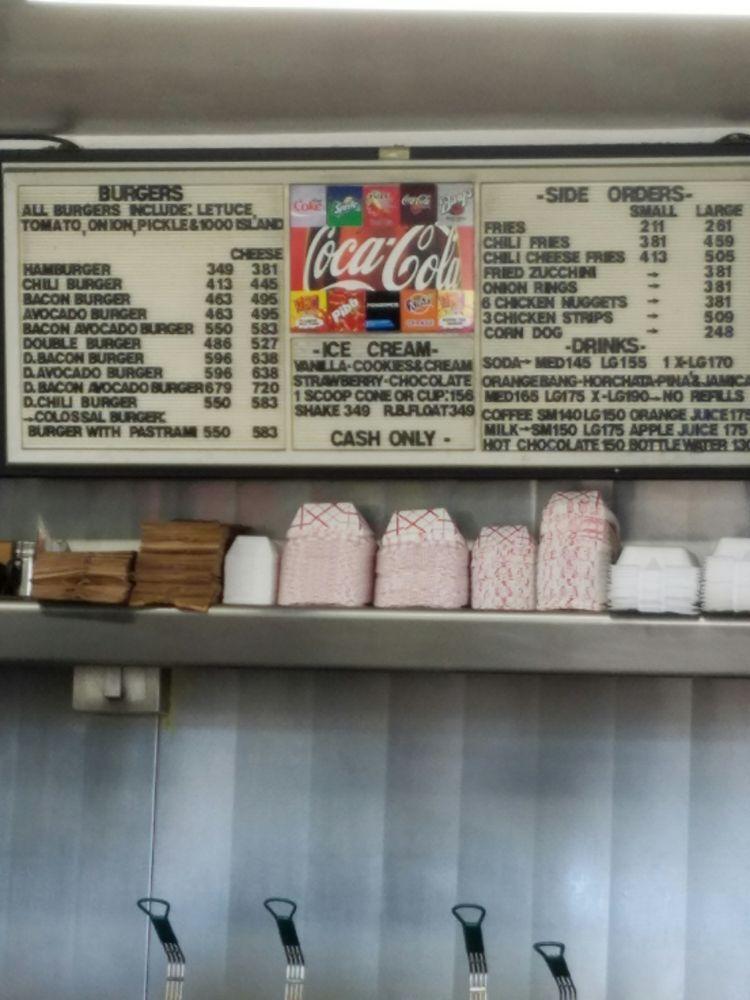 Menu at Jimmy's Burger's restaurant, Los Angeles, Lankershim Blvd