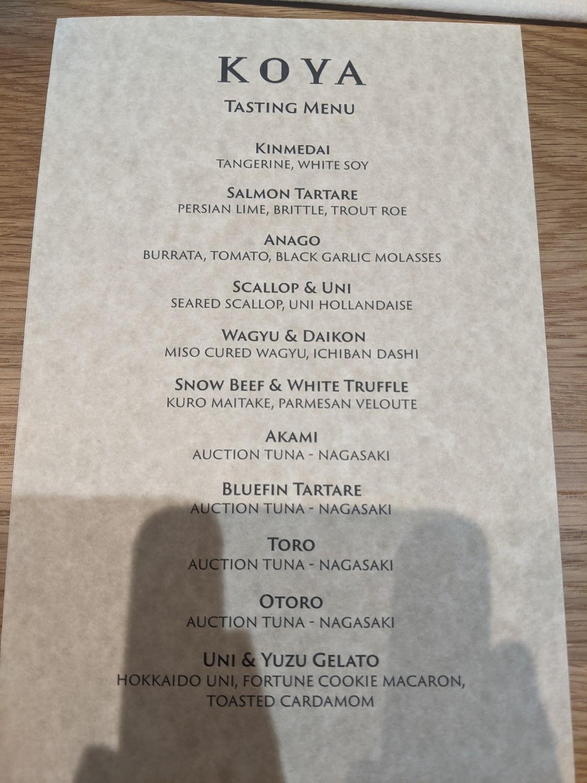 Menu at Koya restaurant, Tampa