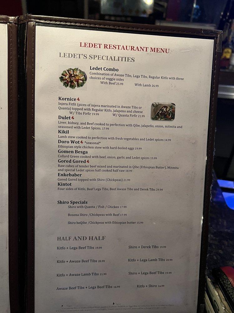 Menu at Ledet Ethiopian Restaurant, Clarkston, 447 N Indian Creek Dr