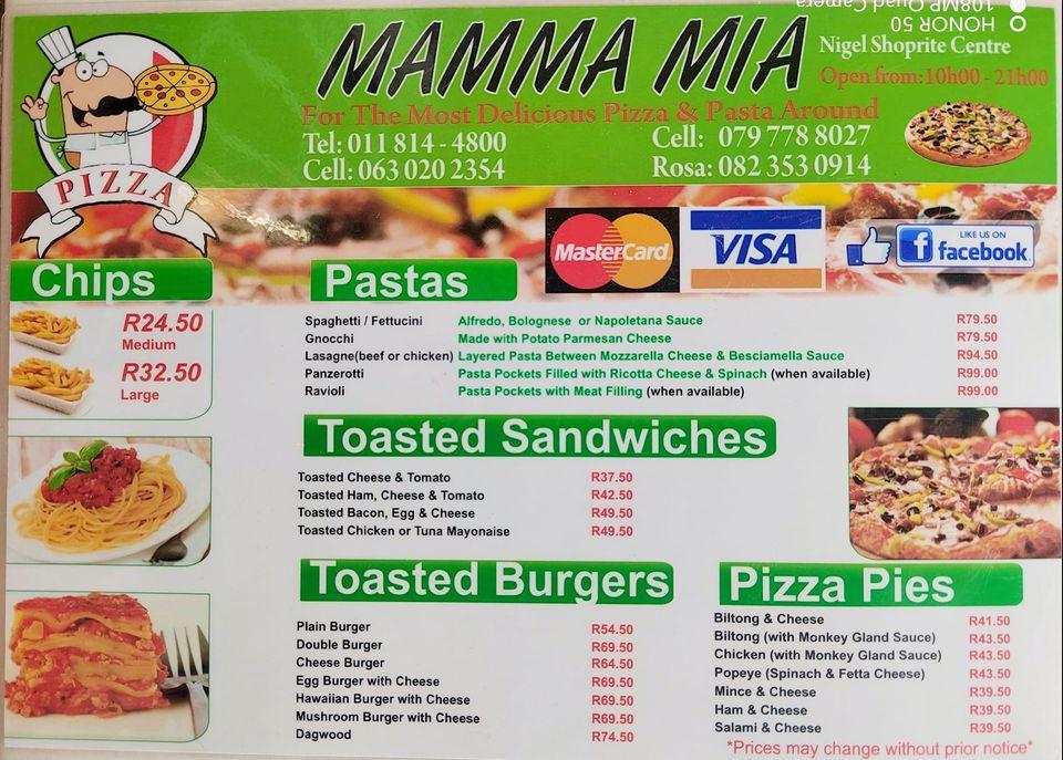 Menu at Mamma Mia restaurant, Nigel, Hendrik Verwoerd Shoprite Centre ...