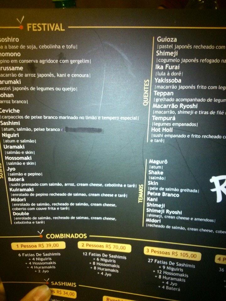 Menu em Ryôshi restaurante, Guaratinguetá
