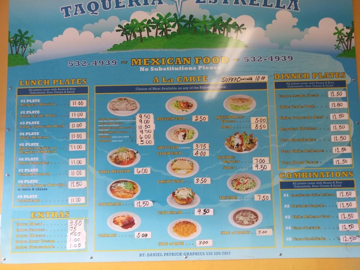 Menu at Taqueria Estrella restaurant, Oroville, Feather River Blvd
