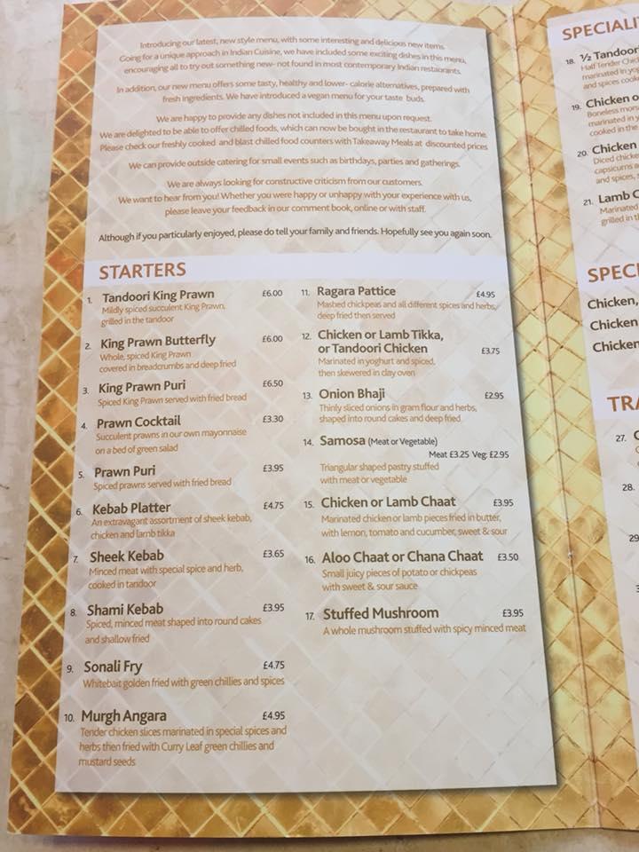 Menu at The Golden curry restaurant, The Mumbles