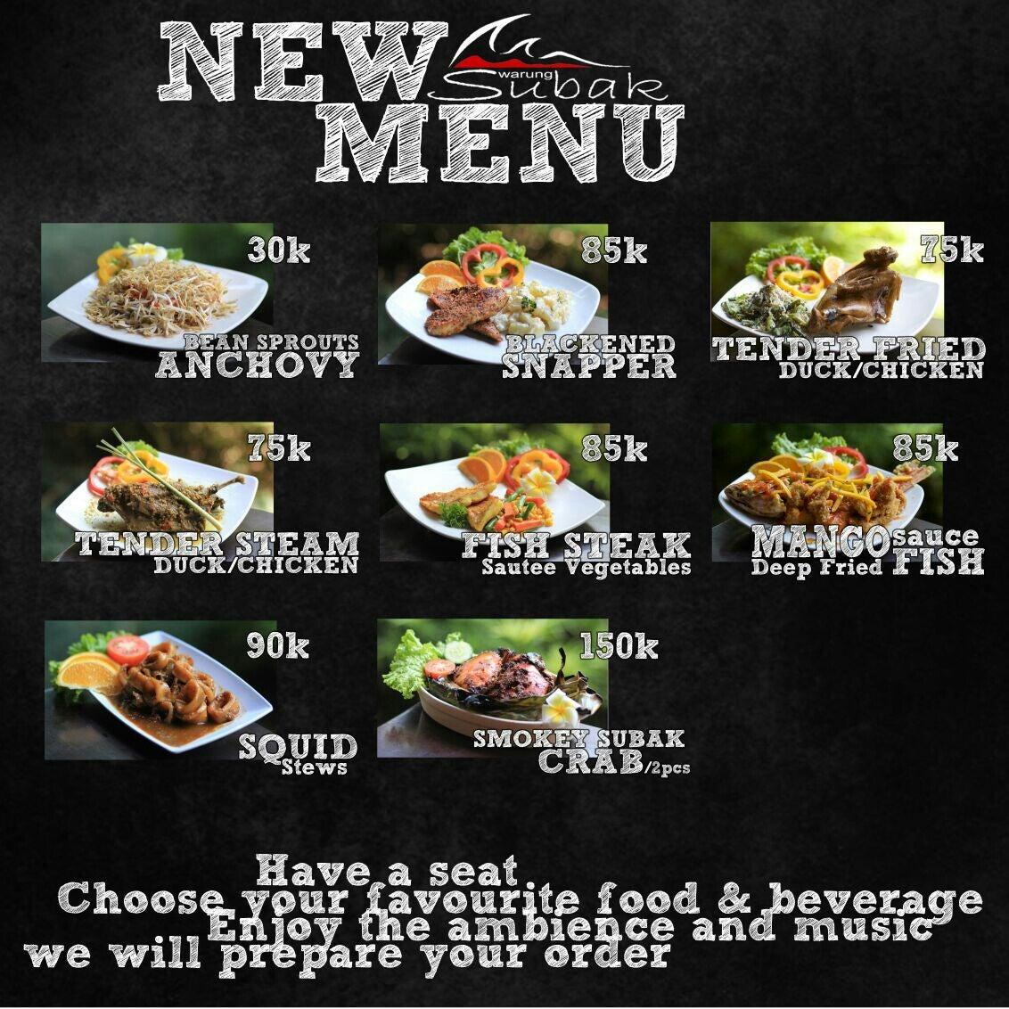 Menu at Warung Subak restaurant, Denpasar, Jalan Astasura No. 5 Peguyangan