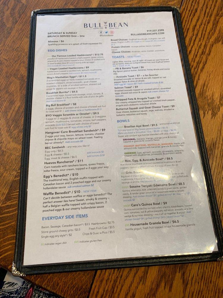 Menu at Bull and Bean restaurant, Durham