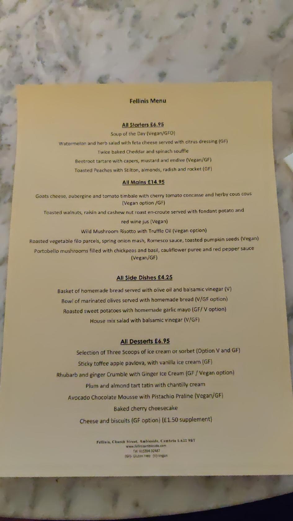 Menu at Fellinis Restaurant, Ambleside