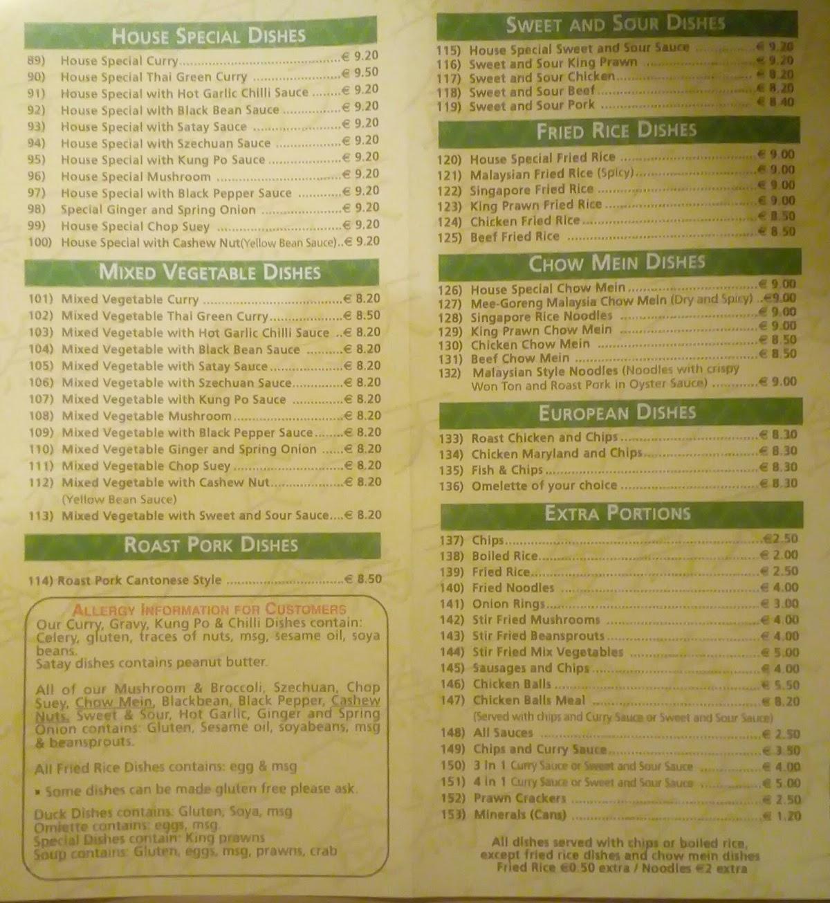 Menu at Pier Head Chinese restaurant, Cork
