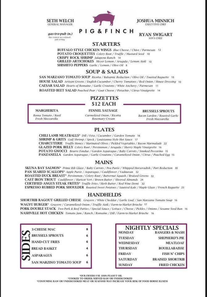 Menu at Pig & Finch pub & bar, Leawood