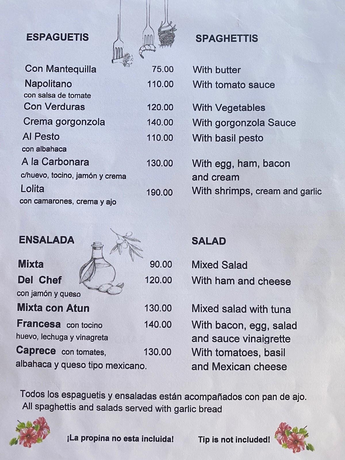 Carta de Restaurante Hotel Ines, Puerto Escondido