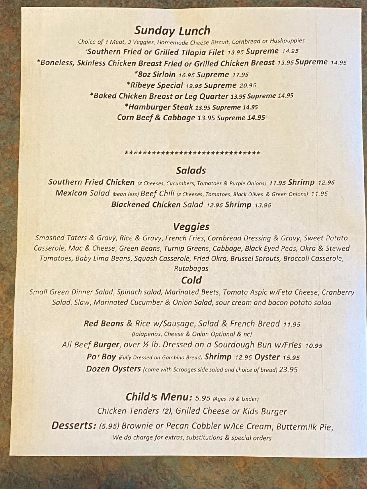 Menu at Scrooge's Fine Foods & Drink restaurant, Jackson