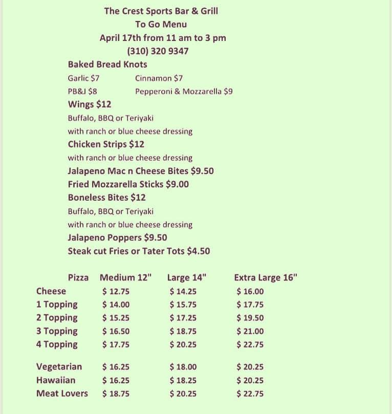 Menu at The Crest Sports Bar & Grill, Torrance