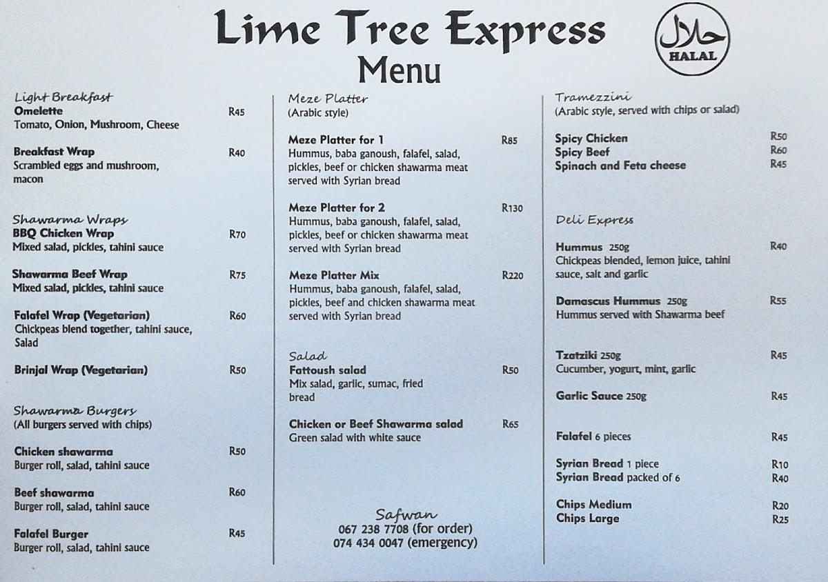 Menu at The Lime Tree Express restaurant, Centurion