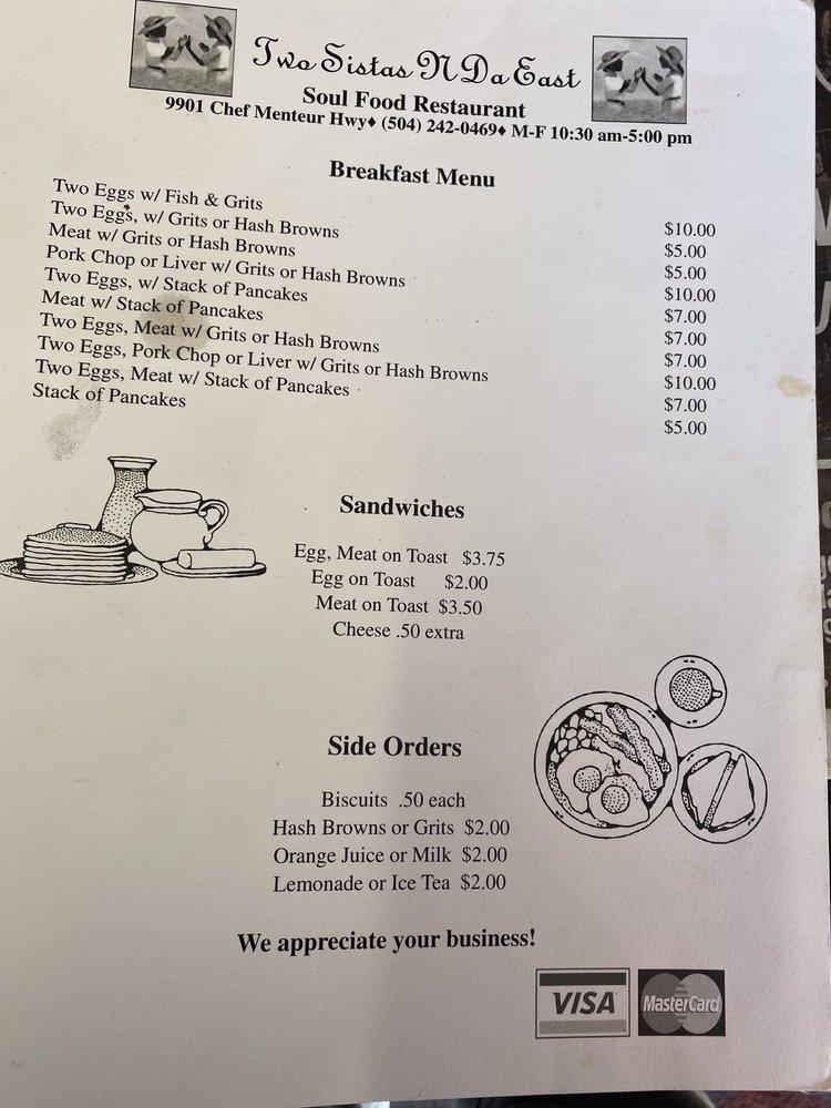 Menu at Two Sistas 'N Da East restaurant, New Orleans
