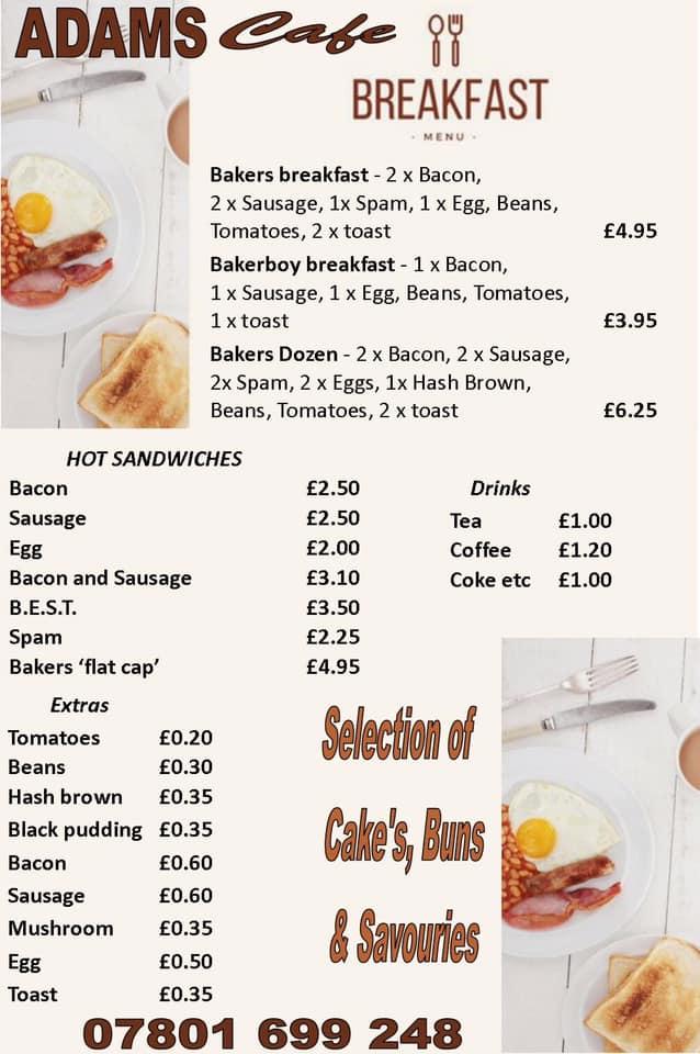Menu at Adams Bakery Cafe, Knottingley