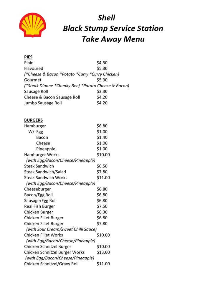 Menu at Black Stump Shell Service Station cafe, Coolah