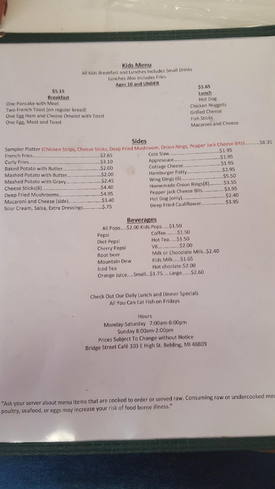 Menu at Bridge Street Cafe, Belding